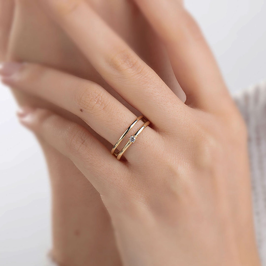 Double Row Ring, 14K Solid Gold Two Row Wedding Band Ring, 14K Gold CZ ...