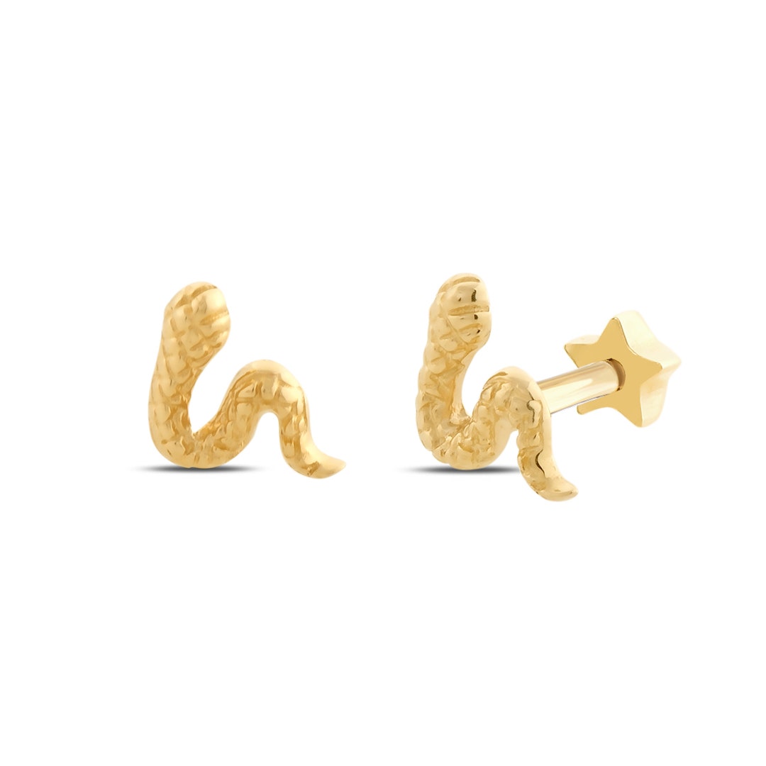 14K Solid Gold Snake Piercing, Minimalist Tragus Piercing, Gold Stud ...