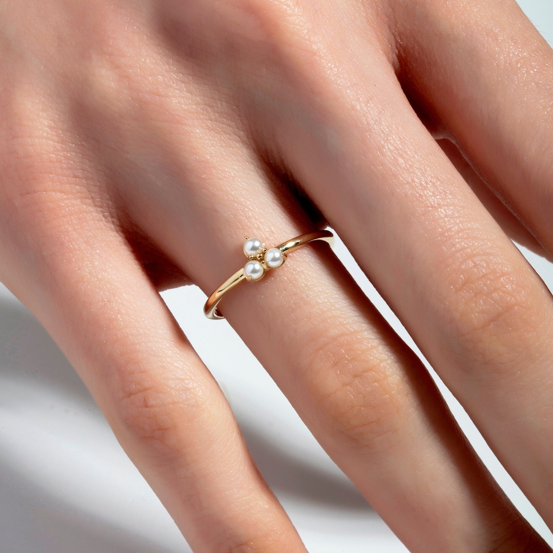 14K Solid Gold Trinity Pearl Ring, Triangle Freshwater Pearl Gold Ring ...