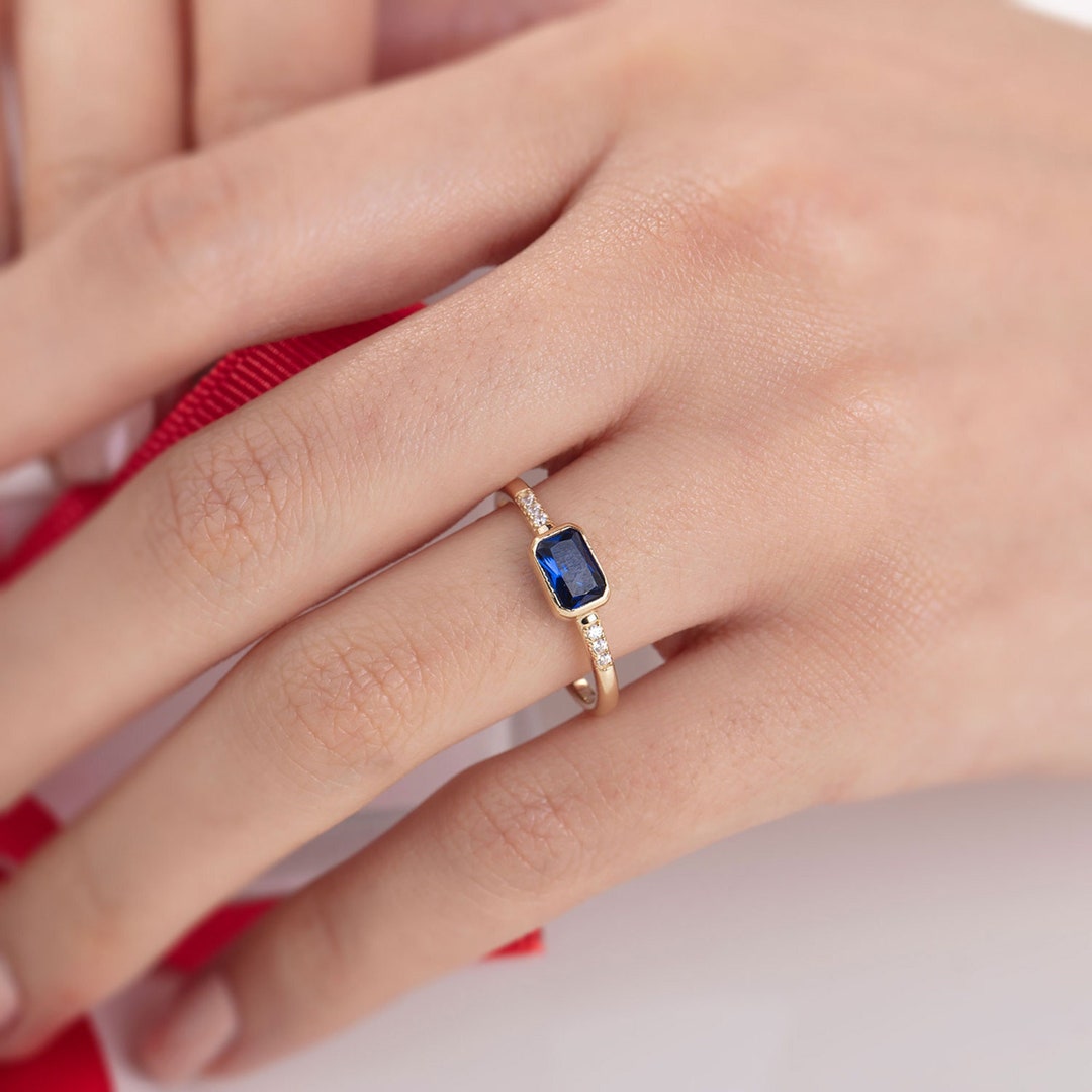 14K Solid Gold Sapphire Ring, Blue Sapphire Engagement Ring Women ...
