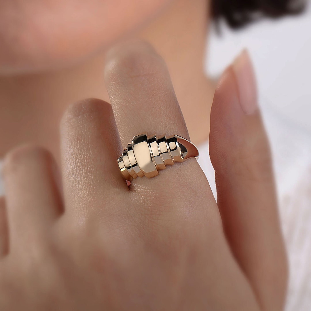 14K Solid Gold Croissant Ring, Chunky Gold Ring, 14K Gold Dome Ring ...