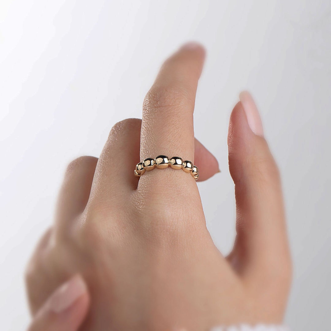 14K Solid Gold Beaded Band Ring, Gold Bubble Ring, Bold Ball Ring, 14K Beaded Wedding Ring ...