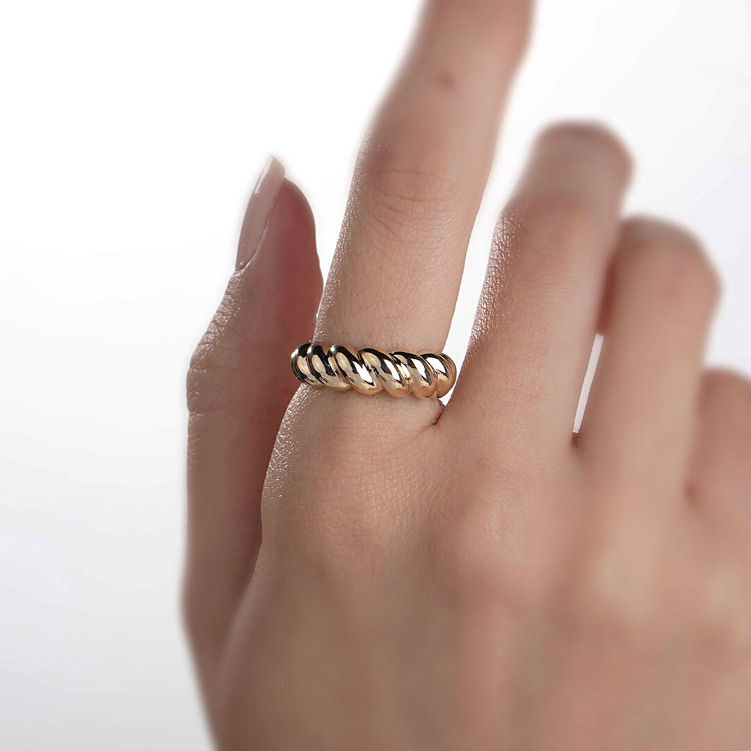 Gold Croissant Ring, 14K Solid Gold Twisted Dome Ring, Chunky Dome Ring, 14K Gold Statement Ring ...