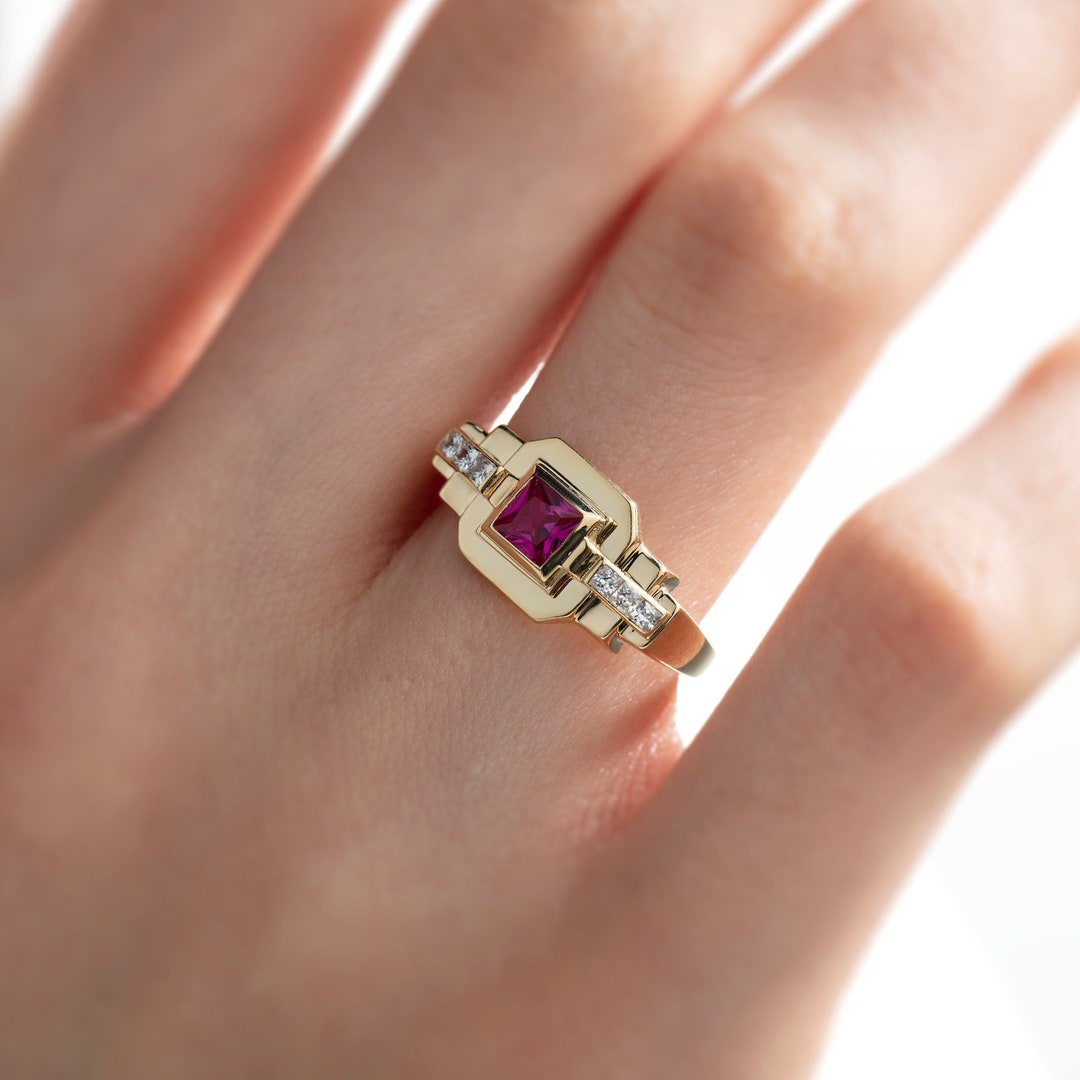 14K Solid Gold Ruby Ring, 14K Gold Ruby Engagement Ring, Square Cut ...