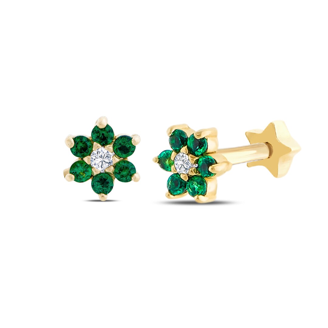 14K Solid Gold May Birthstone Emerald Earring, Cartilage Piercing ...