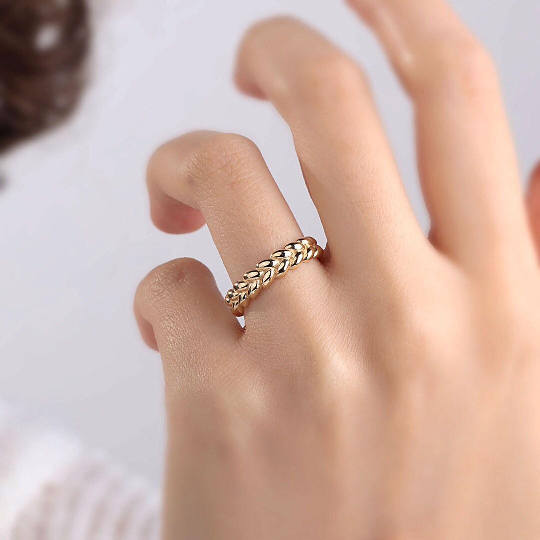 Wheat Leaf Ring in 14K Solid Gold, Dainty Vine Eternity Ring, Botanical ...