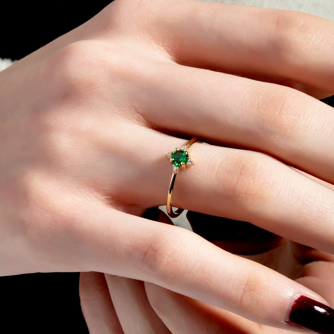 Genuine Emerald Ring, 14K Solid Gold Emerald Engagement Ring, Green ...