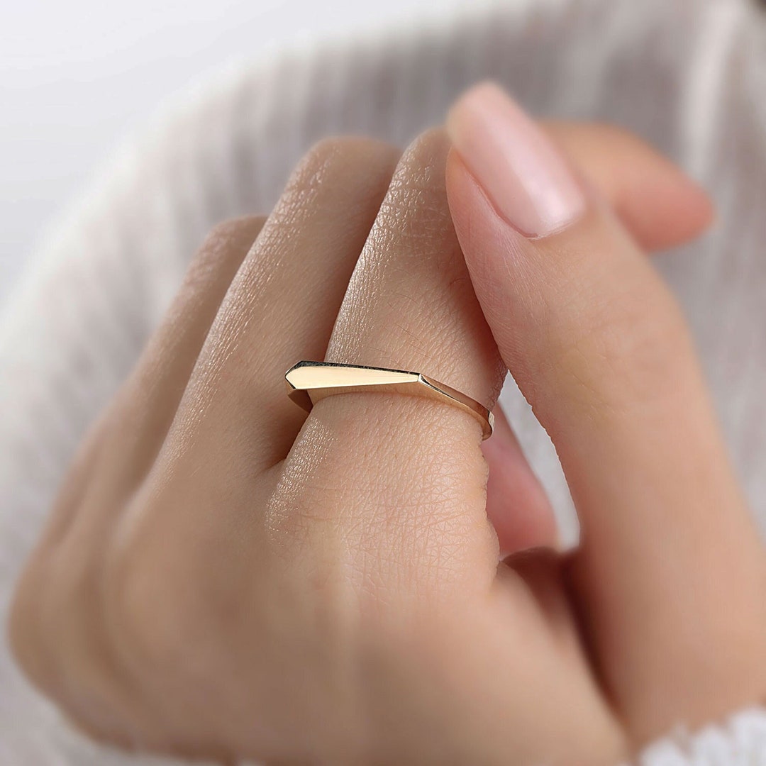 14K Solid Gold Bar Geometric Ring, Personalized Bar Ring, Minimalist Flat Bar Ring for Women ...