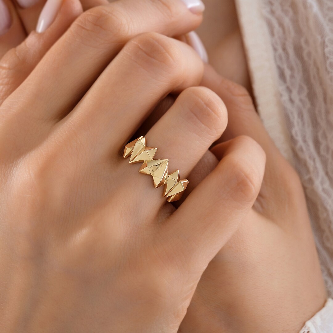 14K Solid Gold Origami Heart Ring, Gold Heart Ring, Heart Line ...