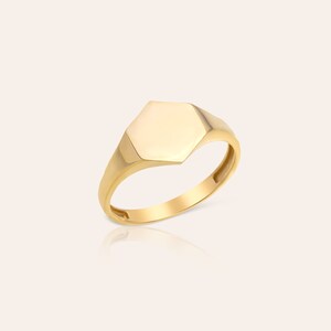 14K Solid Gold Hexagon Signet Ring, Engravable Personalized Hexagon ...