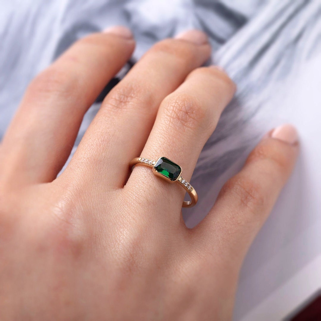 14K Solid Gold Emerald Ring, Natural Genuine Emerald Ring for Women ...