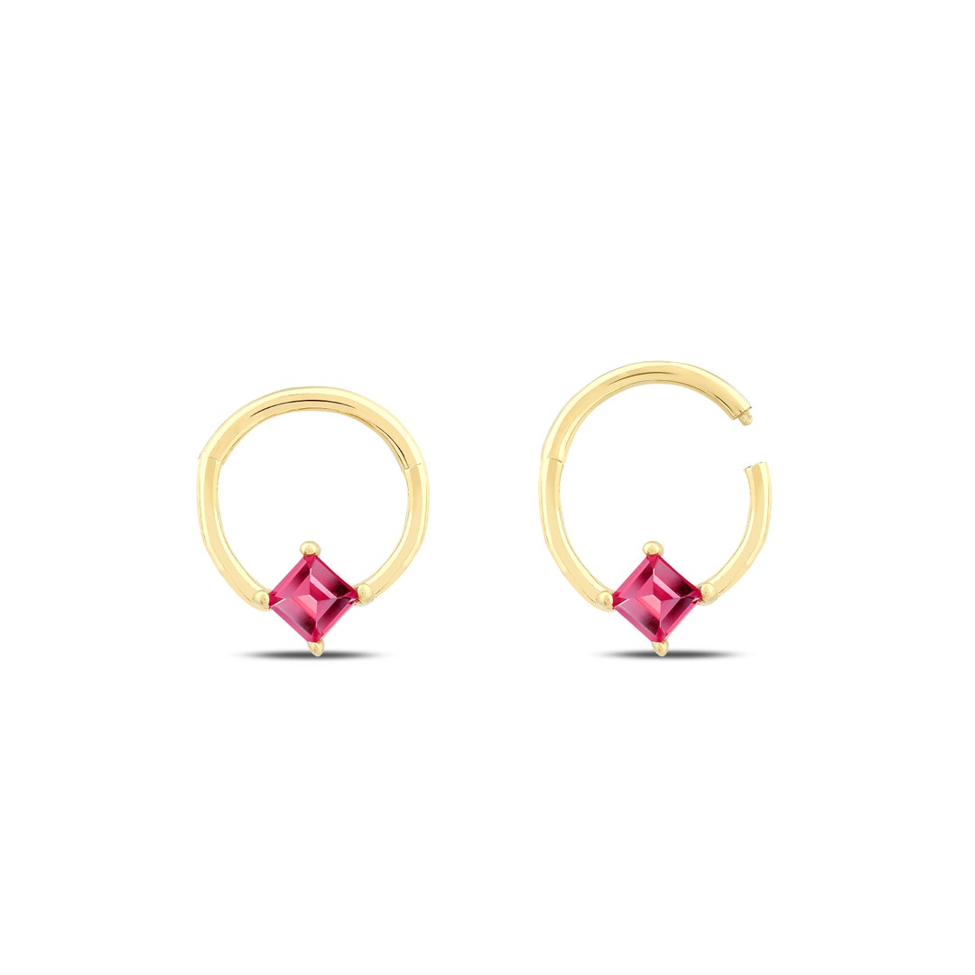 Square Cut 0.20 Carat Ruby Cartilage Hoop Earring, Dainty 14K Solid ...