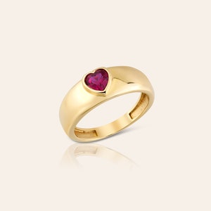 14K Solid Gold Ruby Heart Bold Dome Ring, Genuine Red Ruby Engagement ...