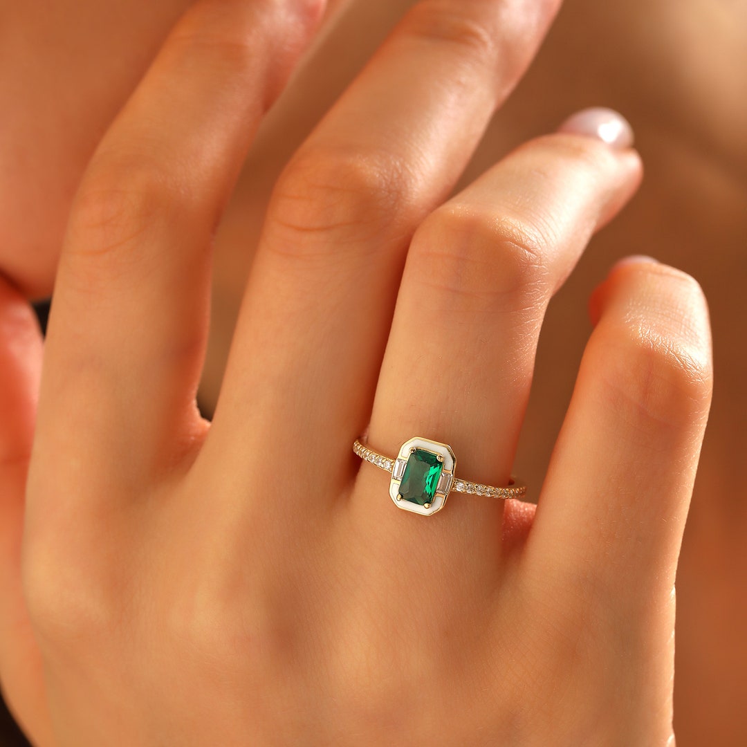 14K Solid Gold Emerald Ring, Emerald Engagement Ring May Birthstone ...