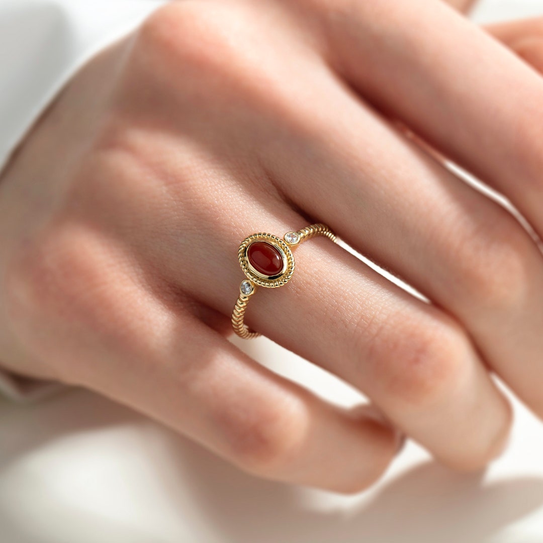 14K Solid Gold Agate Ring, Oval Cut Agate Ring, Genuine Stone Ring ...