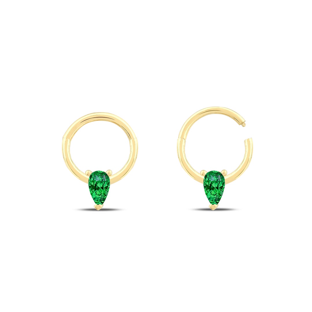 14K Solid Gold Minimal Teardrop Cartilage Hoop Earring, Genuine Emerald ...