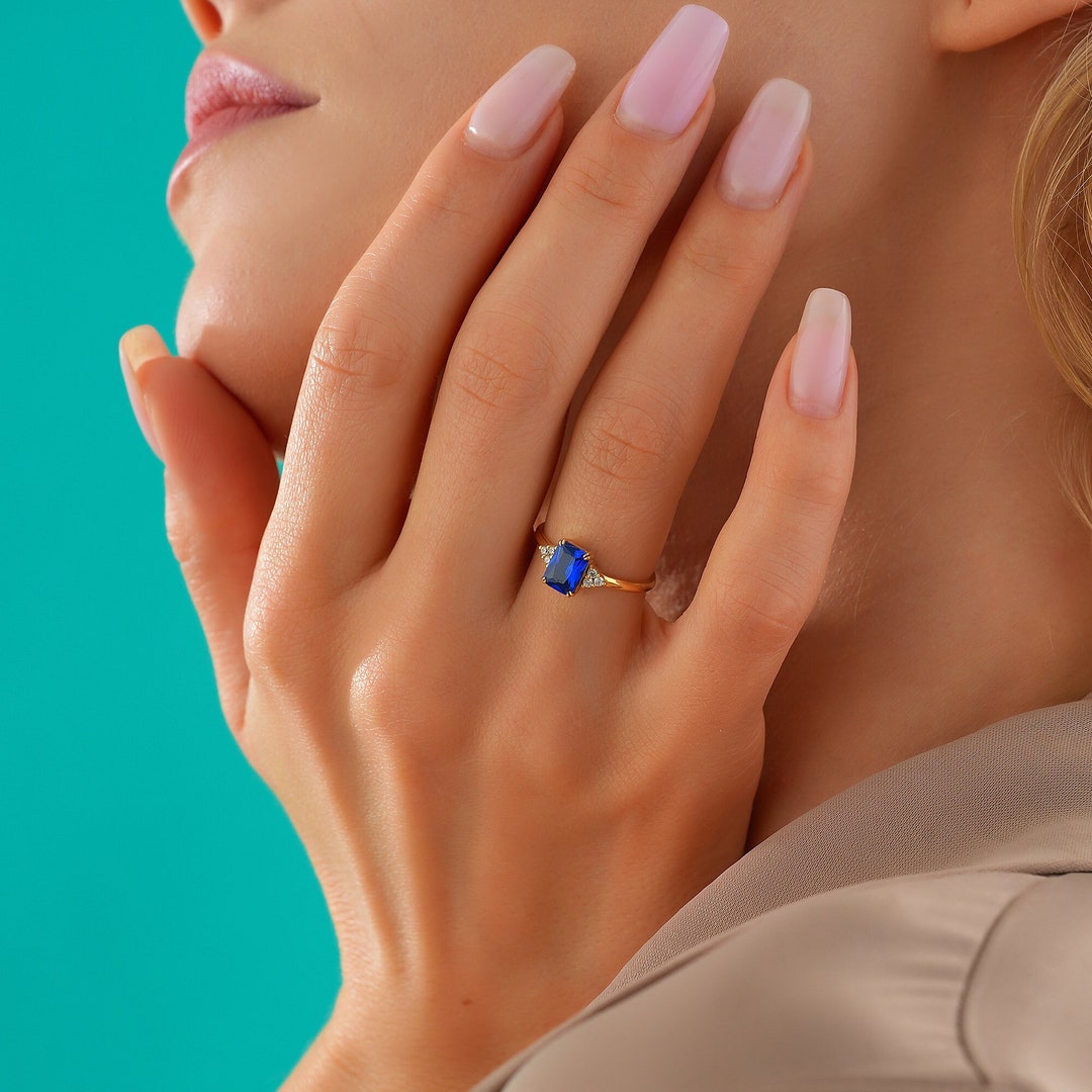 Emerald Cut Sapphire Ring, Sapphire Ring Gold, 14K Solid Gold Rings Women, Engagement Ring ...