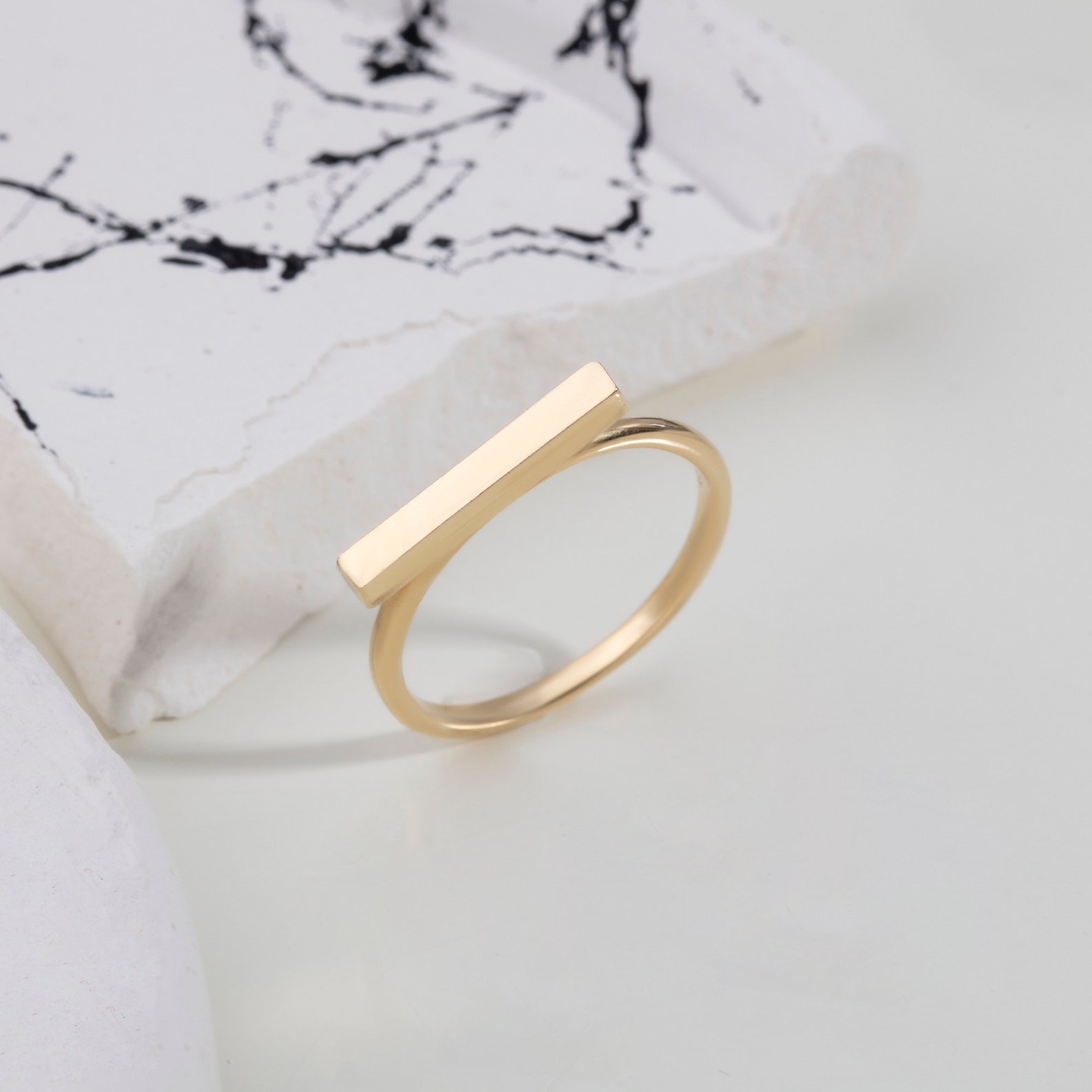 14K Solid Gold Signet Bar Ring, Dainty Rectangle Ring for Women, Custom ...