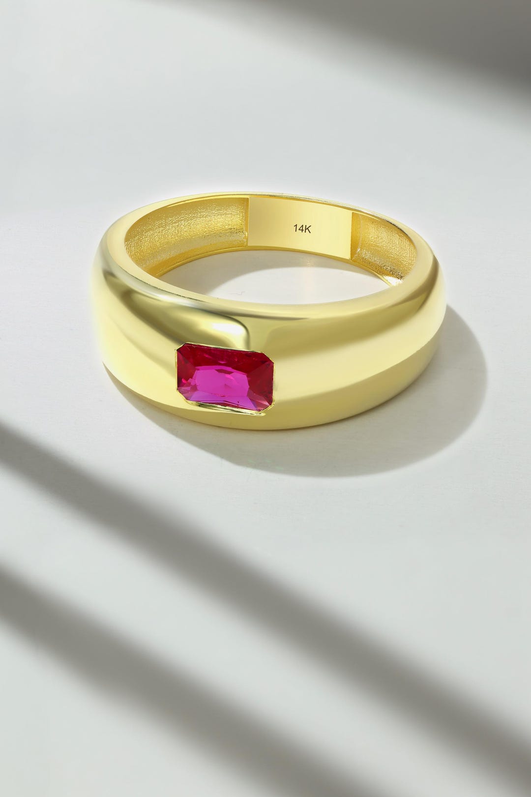 14K Solid Gold Ruby Dome Ring, Dome Bezel Setting Emerald Cut Gemstone Ring, July Birthstone ...
