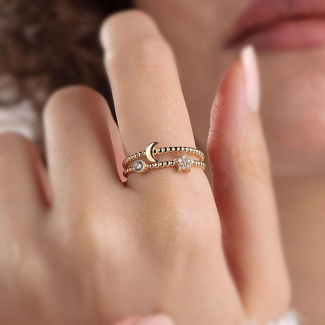 14K Solid Gold Crescent Moon Star Ring, Dainty Moon Star Promise Gold ...