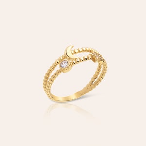 14K Solid Gold Crescent Moon Star Ring, Dainty Moon Star Promise Gold ...
