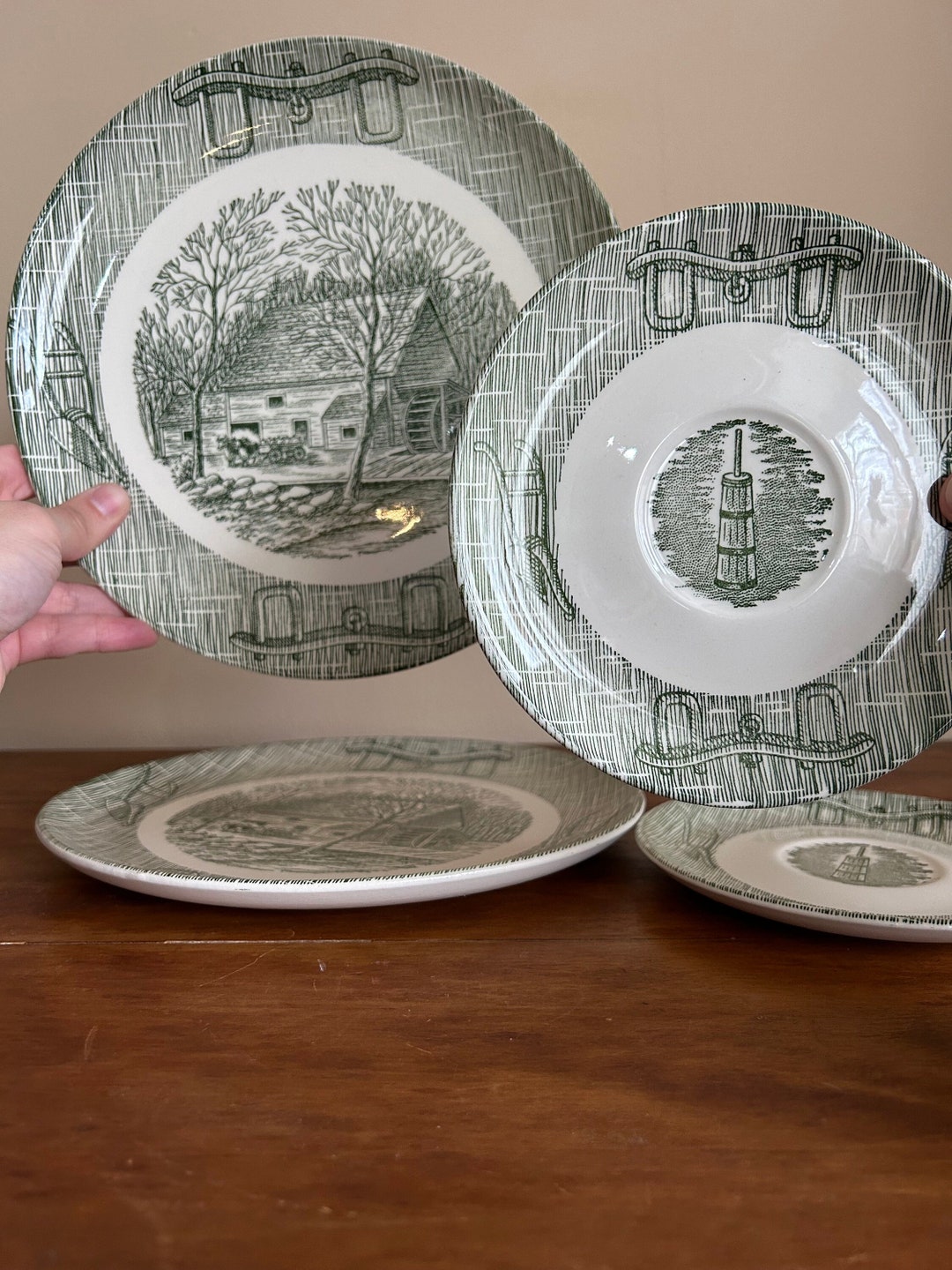 Two Vintage Green Old Mill Royal China SCIO Plates and Two Butter Churn ...