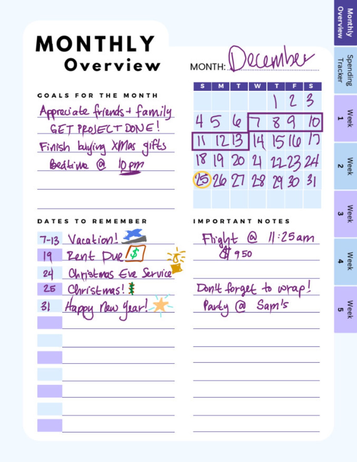 Reusable Monthly Planner PDF 4 Color Bundle: Links, Monthly Overview ...