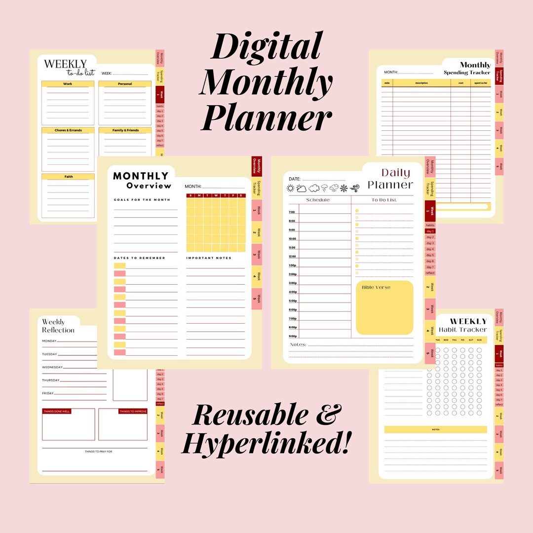 Reusable Monthly Planner PDF With Links, Monthly Overview, Spending ...