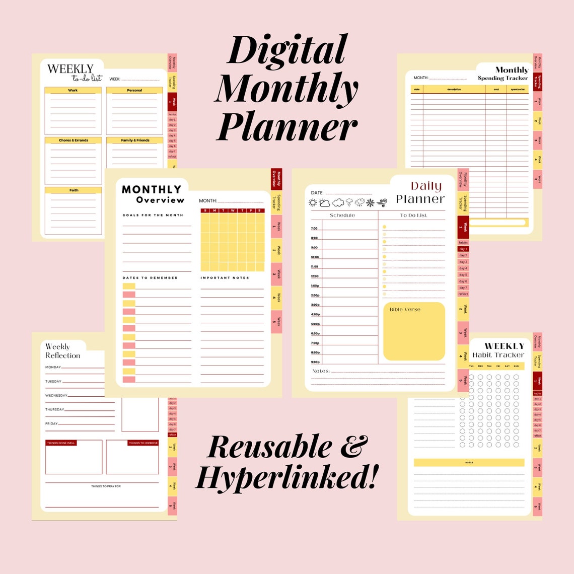 Reusable Monthly Planner PDF With Links, Monthly Overview, Spending ...