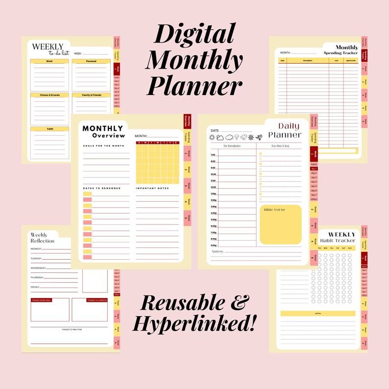 Reusable Monthly Planner PDF With Links, Monthly Overview, Spending ...