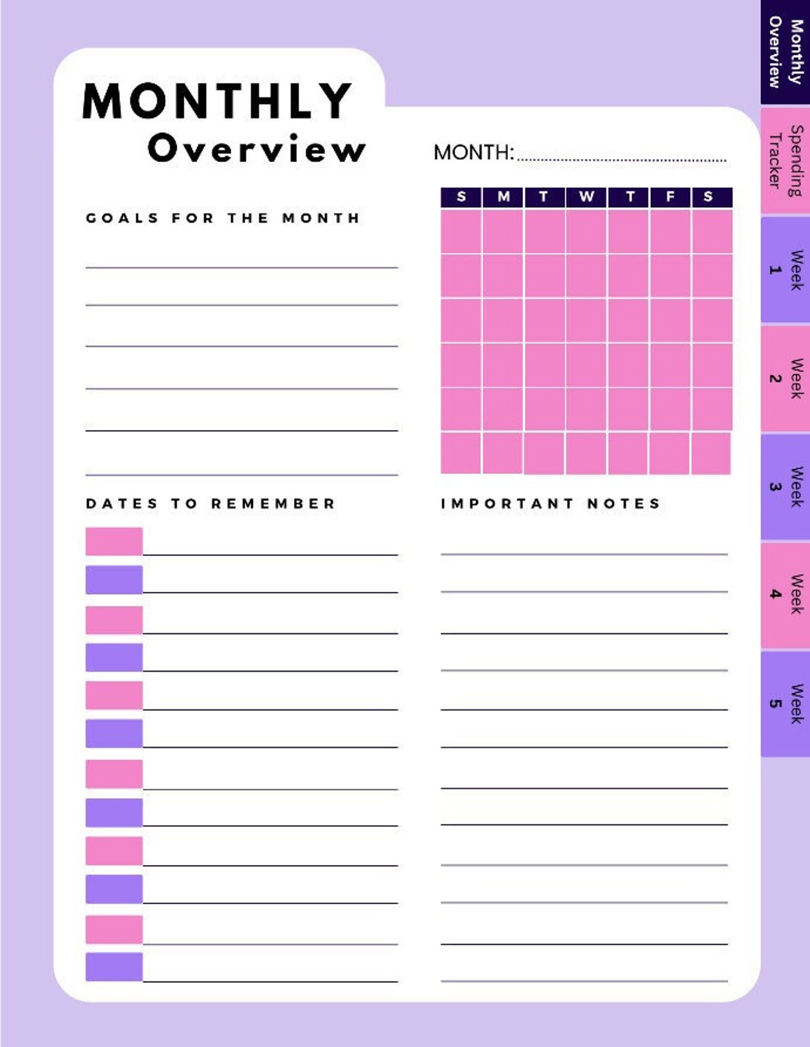 Reusable Monthly Planner PDF 4 Color Bundle: Links, Monthly Overview ...