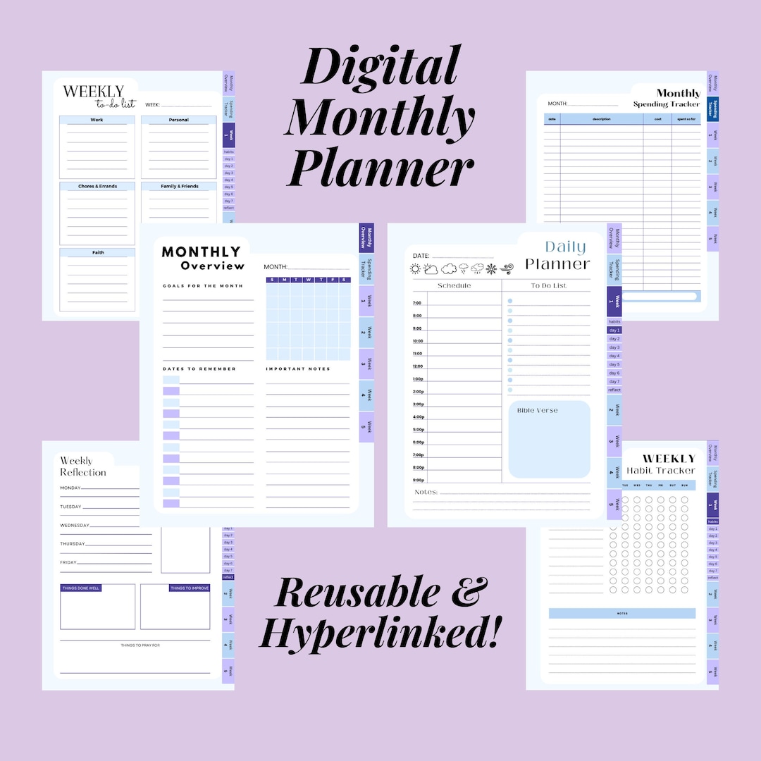Reusable Monthly Planner PDF With Links, Monthly Overview, Spending ...