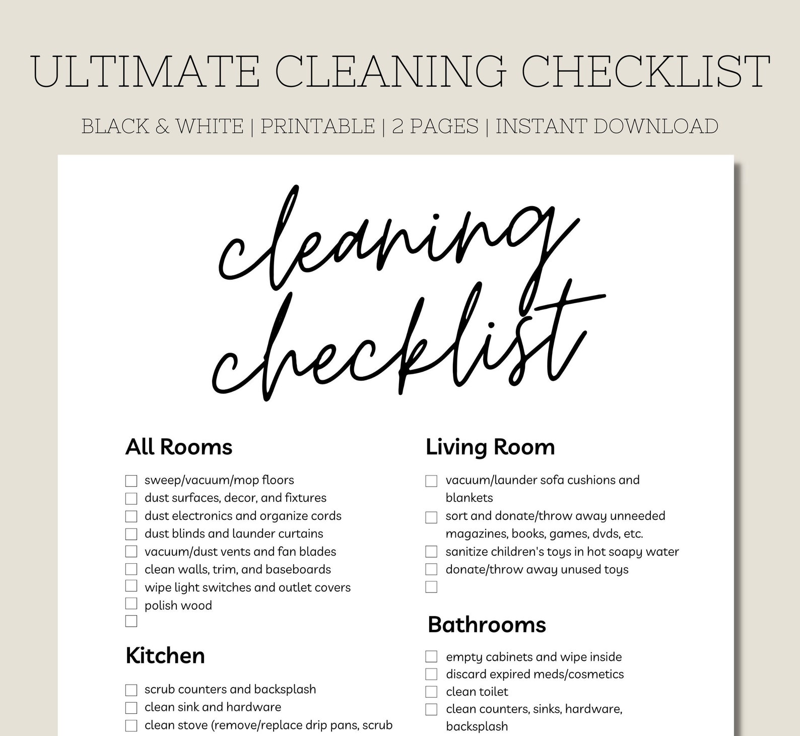 Ultimate Cleaning Checklist | Black and White Printable Cleaning ...