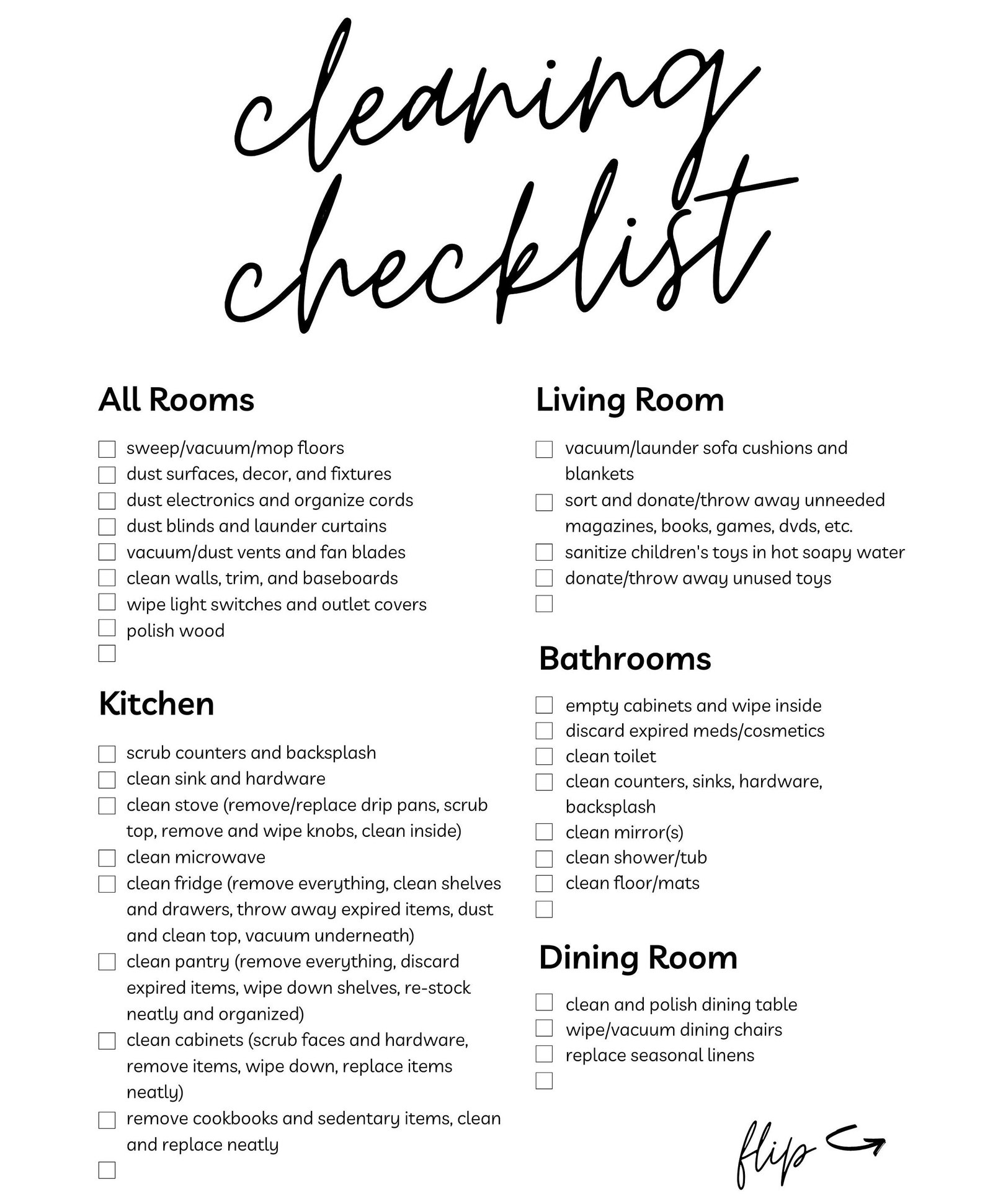 Ultimate Cleaning Checklist | Black and White Printable Cleaning ...