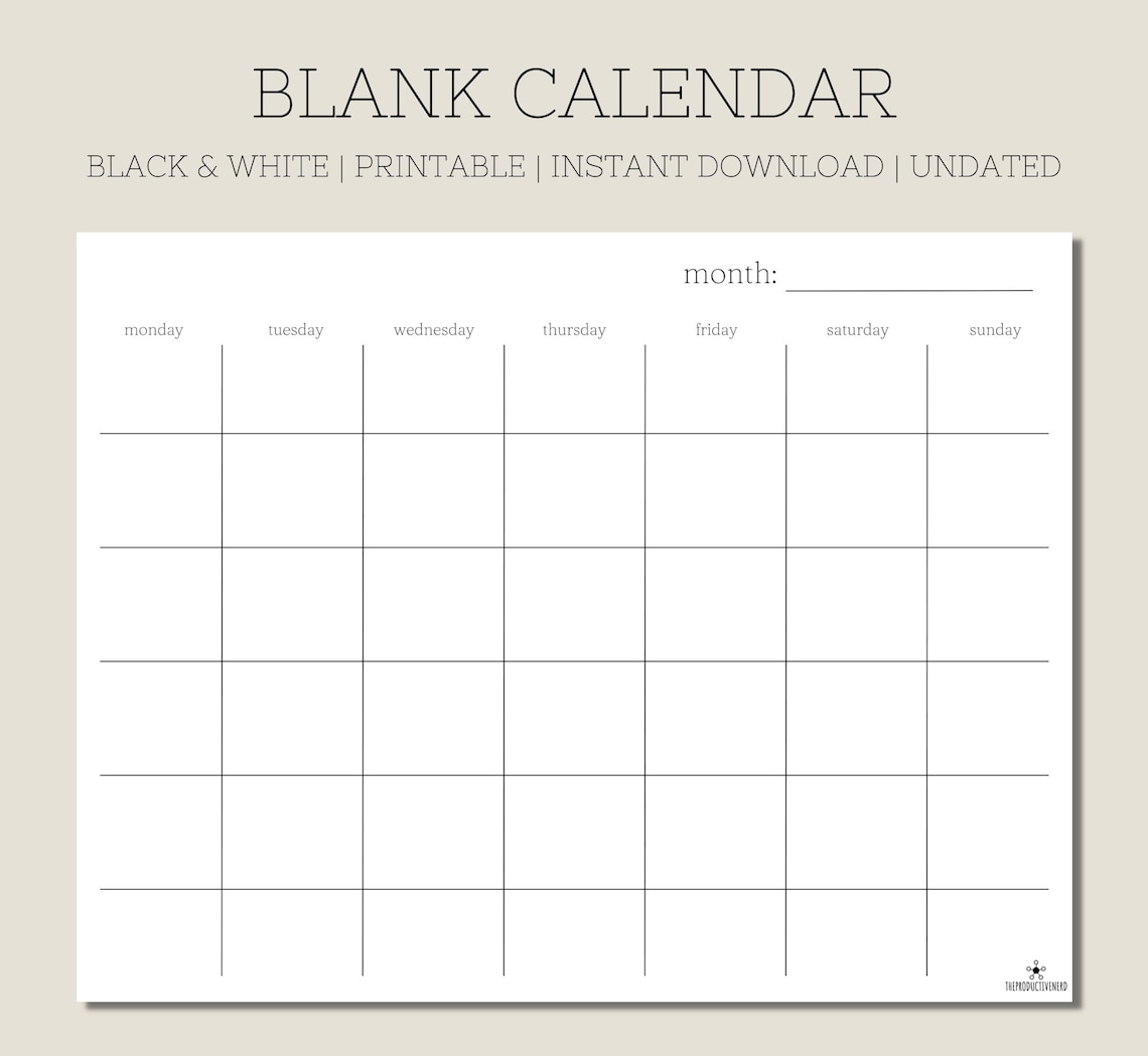 Blank Monthly Calendar Printable | Black and White Calendar ...