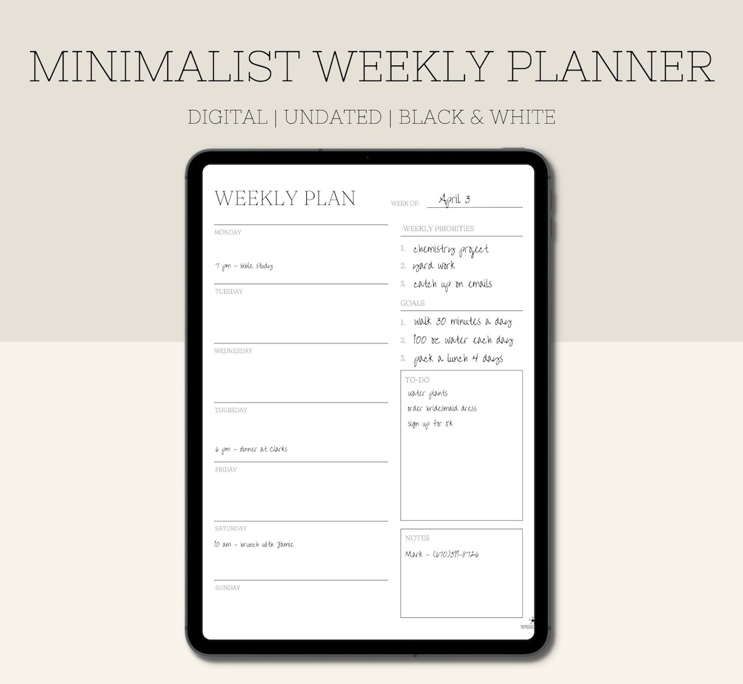 Minimalist Weekly Planner | Digital Weekly Planner Undated | Digital ...