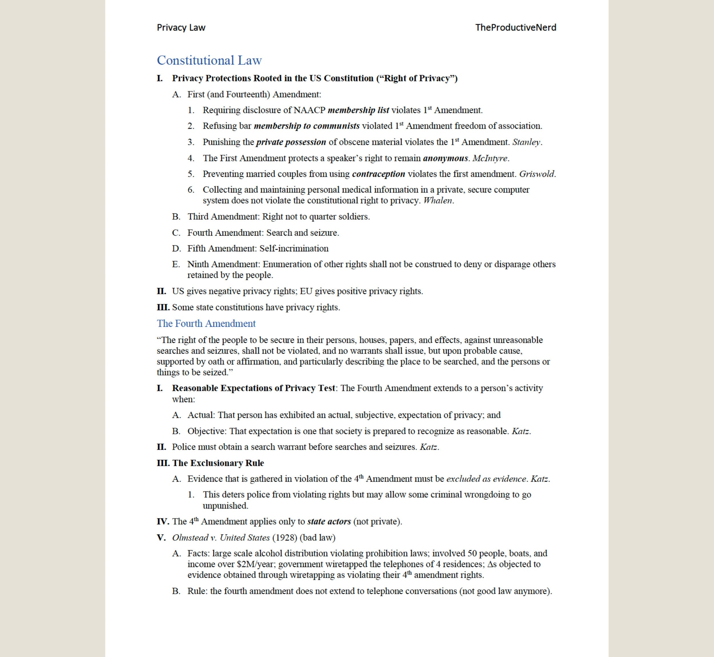 Privacy Law Outline | Law School Notes | Law School Outline Privacy Law ...