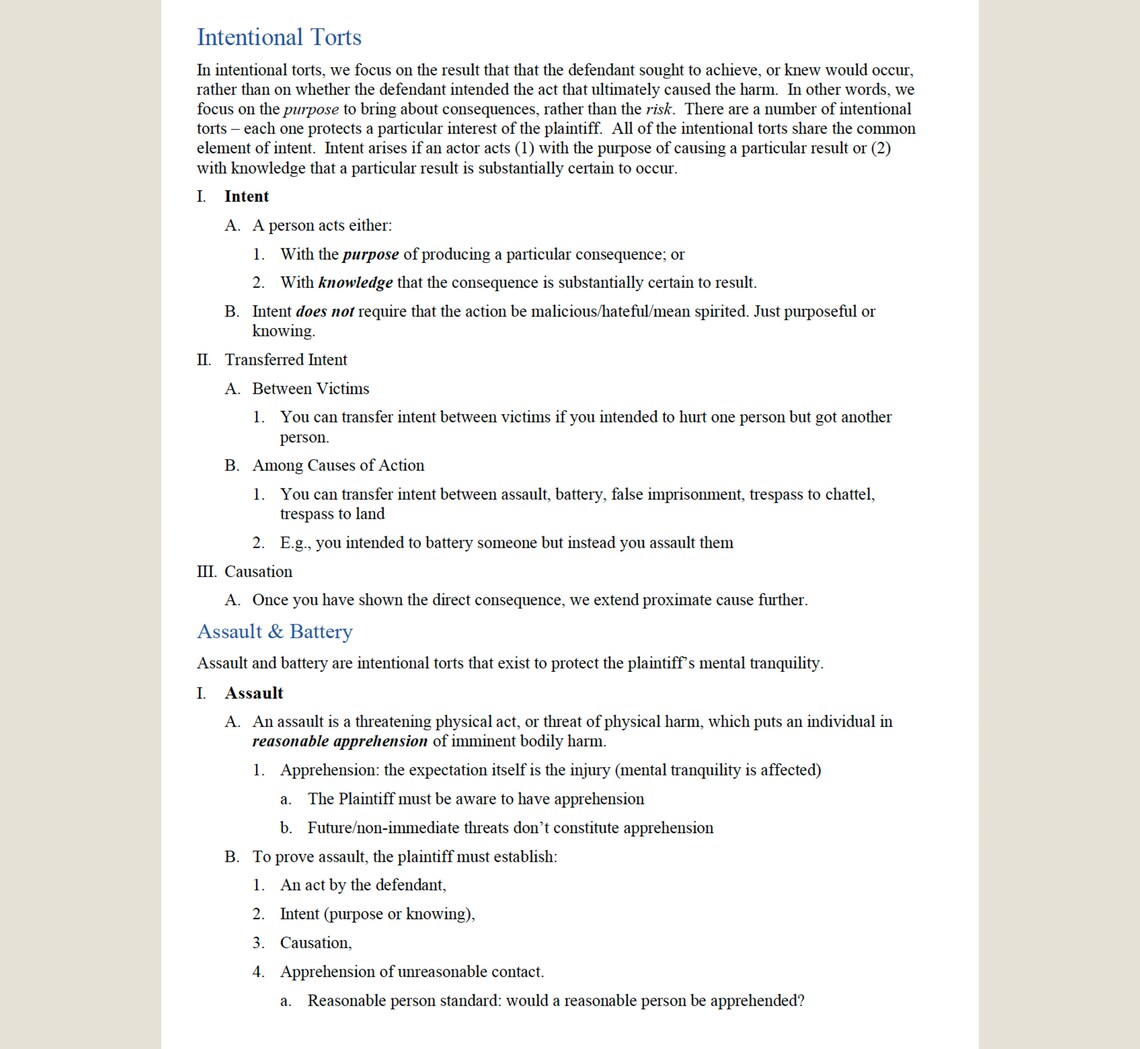 Torts Outline | 1L Law School Notes | Law School Outline Tort Law | Bar ...