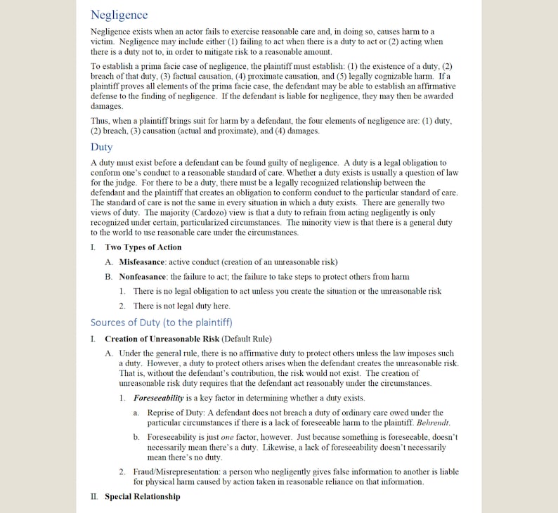 Torts Outline | 1L Law School Notes | Law School Outline Tort Law | Bar ...