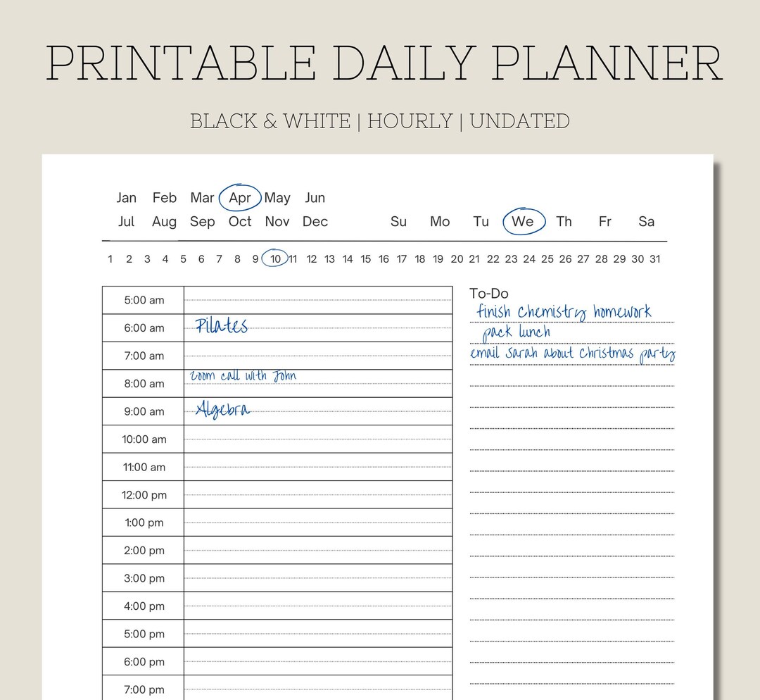 Printable Daily Planner | Hourly Planner Black and White Printable ...