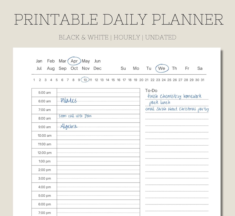 Printable Daily Planner | Hourly Planner Black and White Printable ...
