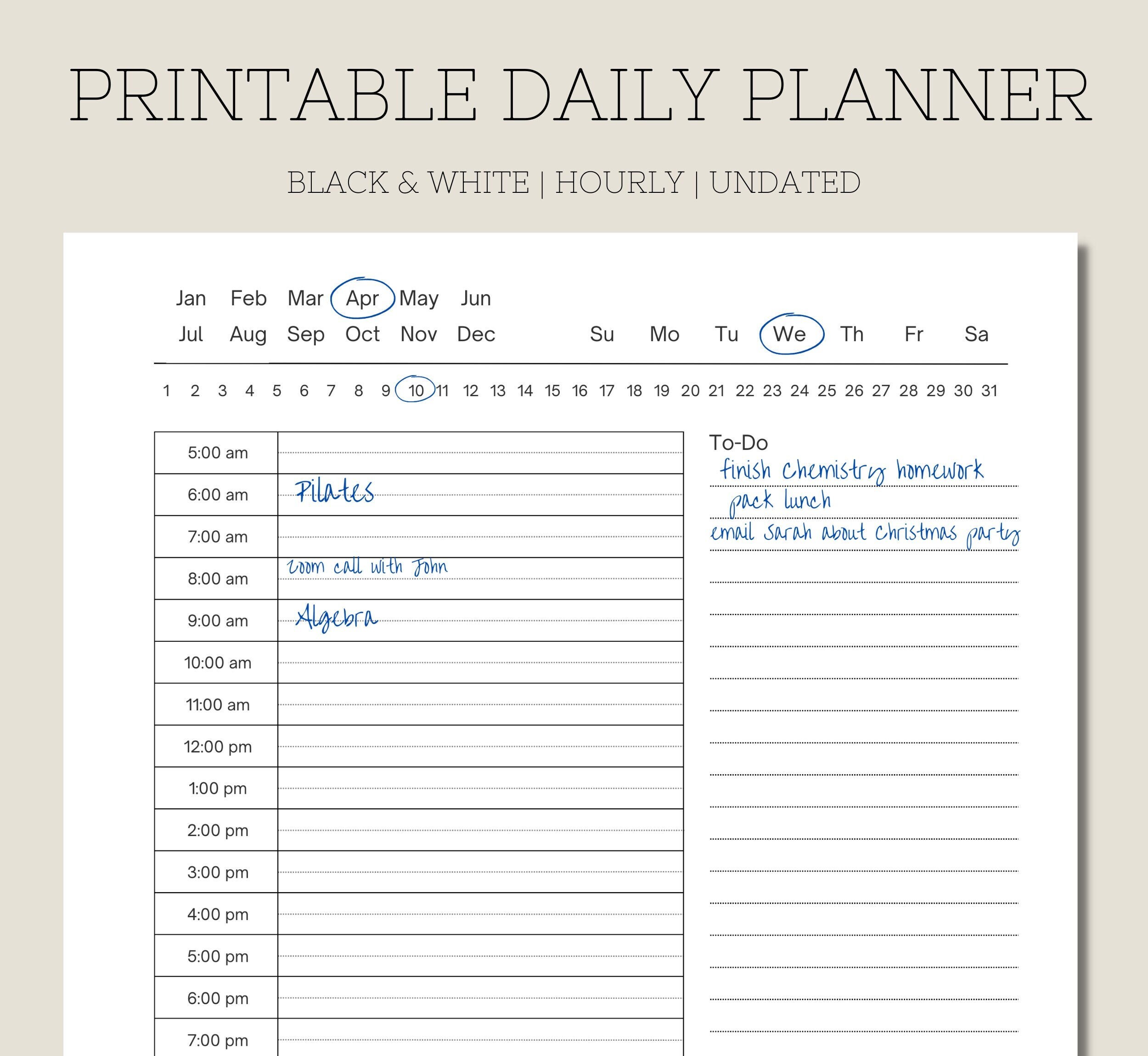 Printable Daily Planner | Hourly Planner Black and White Printable ...
