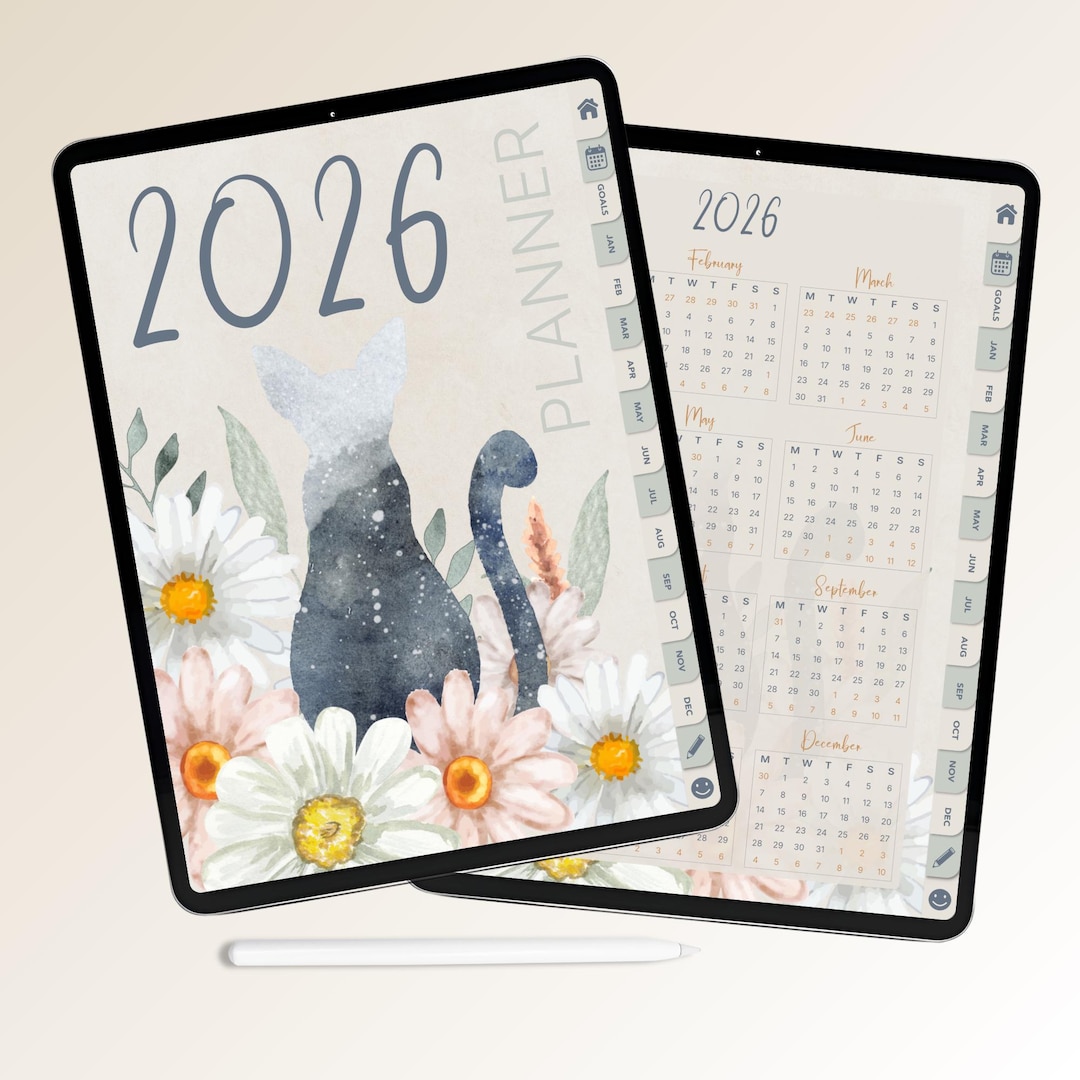 2026 Digital Planner: Floral Watercolor, Cat Design Goodnotes and ...