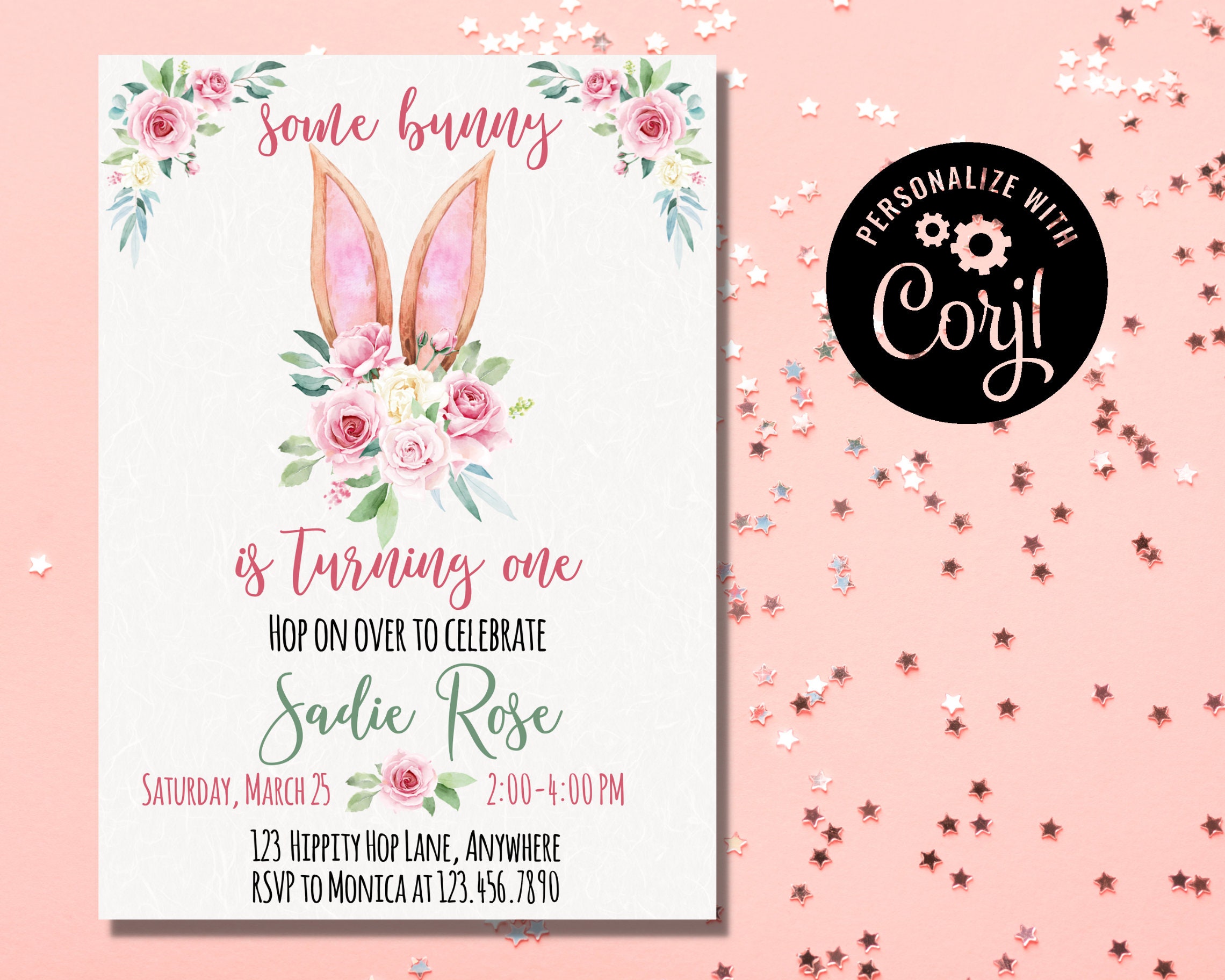 Some Bunny Birthday Invitation, Hop on Over Invite, Rabbit Ears, Pink ...