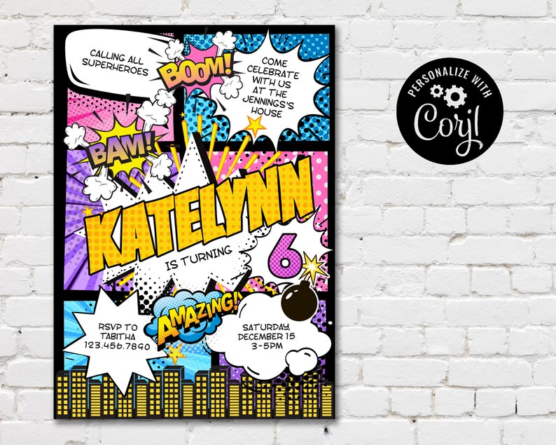 Superhero Invitation, Comic Birthday Party Invitation, Invite, Editable ...