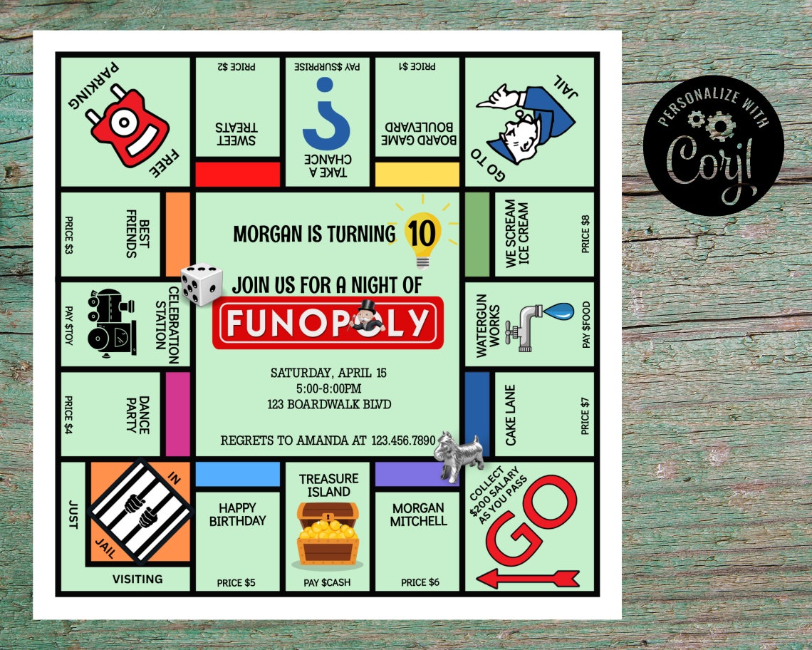 Monopoly Birthday Invitation, Board Game Invite, Game Night, Girls ...