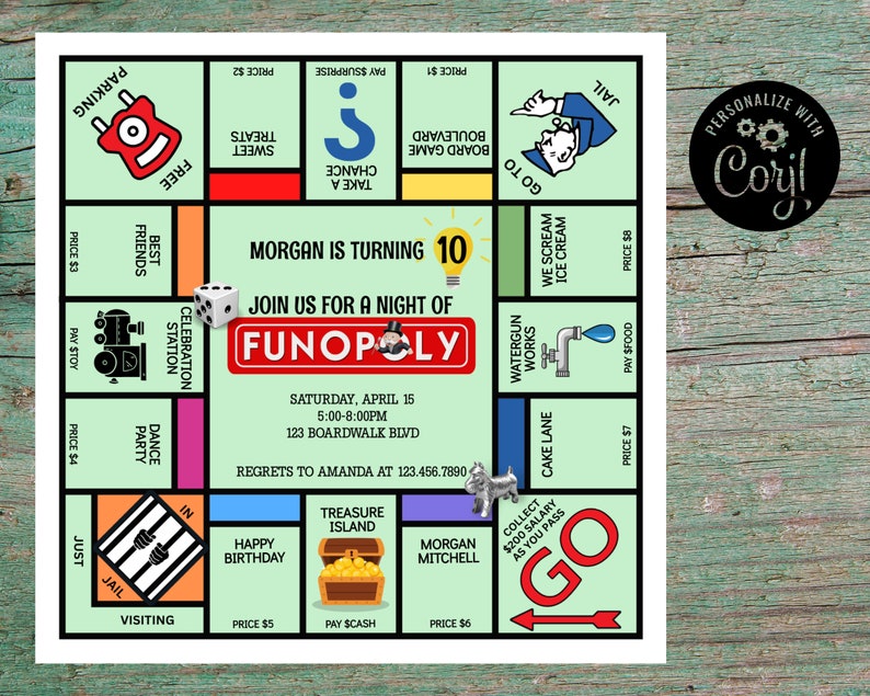Monopoly Birthday Invitation, Board Game Invite, Game Night, Girls ...