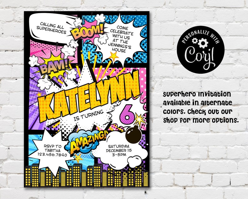Superhero Invitation, Comic Birthday Party Invitation, Invite, Editable ...