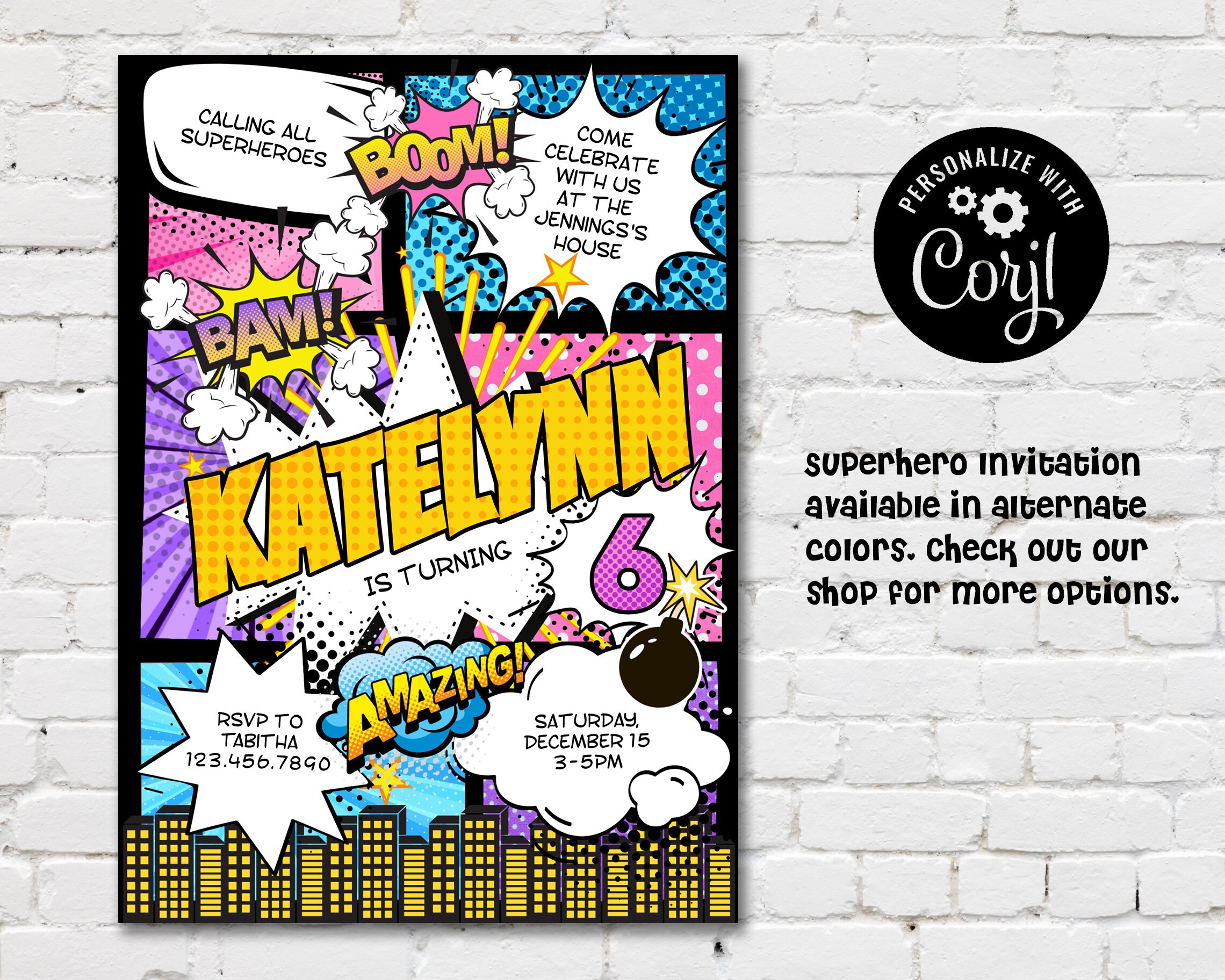 Superhero Invitation, Comic Birthday Party Invitation, Invite, Editable ...