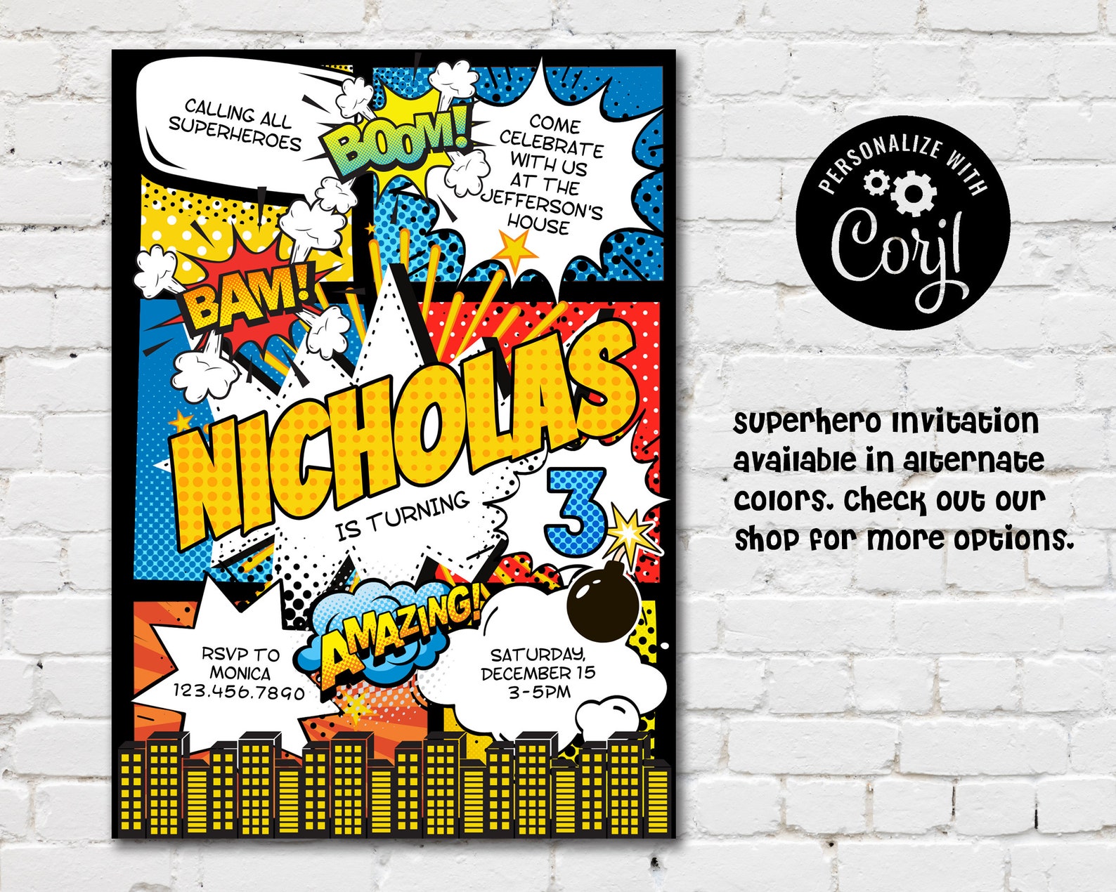 Superhero Invitation, Comic Birthday Party Invitation, Invite, Editable ...